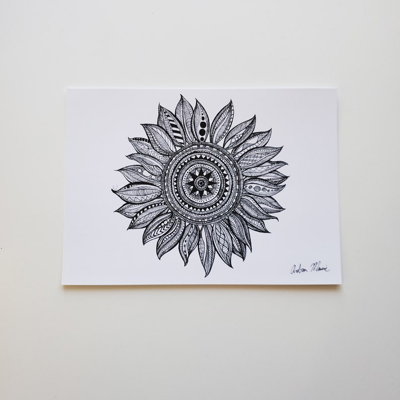5x7 Zentangle Sunflower Art Print - Etsy