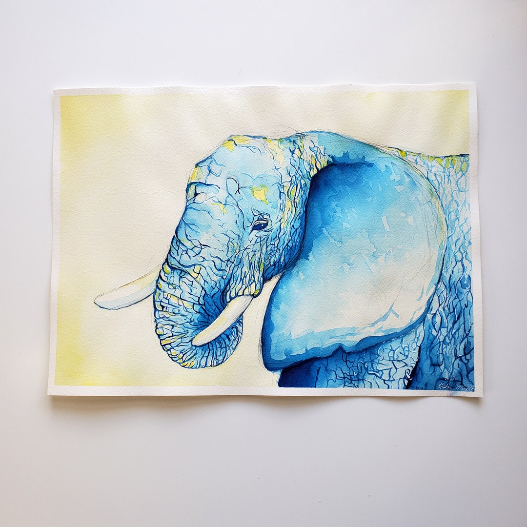 Blue and Yellow Elephant Original Watercolor Painting - Etsy