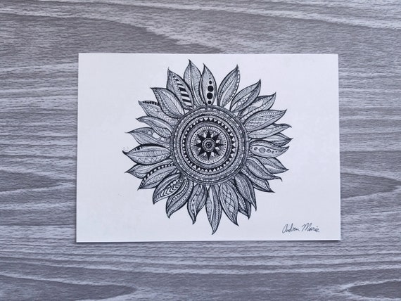 5x7 Zentangle Sunflower Art Print | Etsy