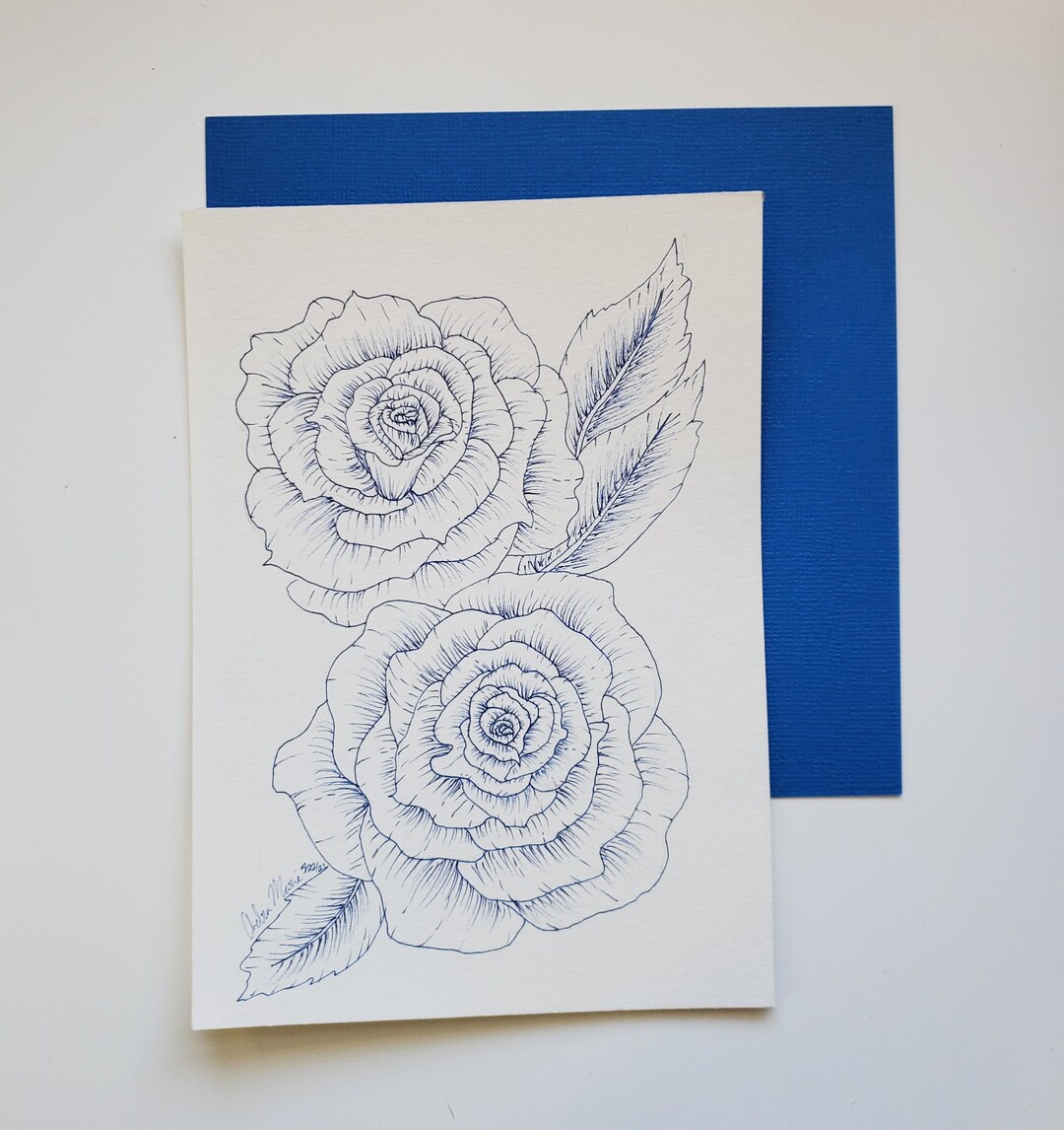 Blue Roses Pen Drawing 5x7 Original Art Piece - Etsy
