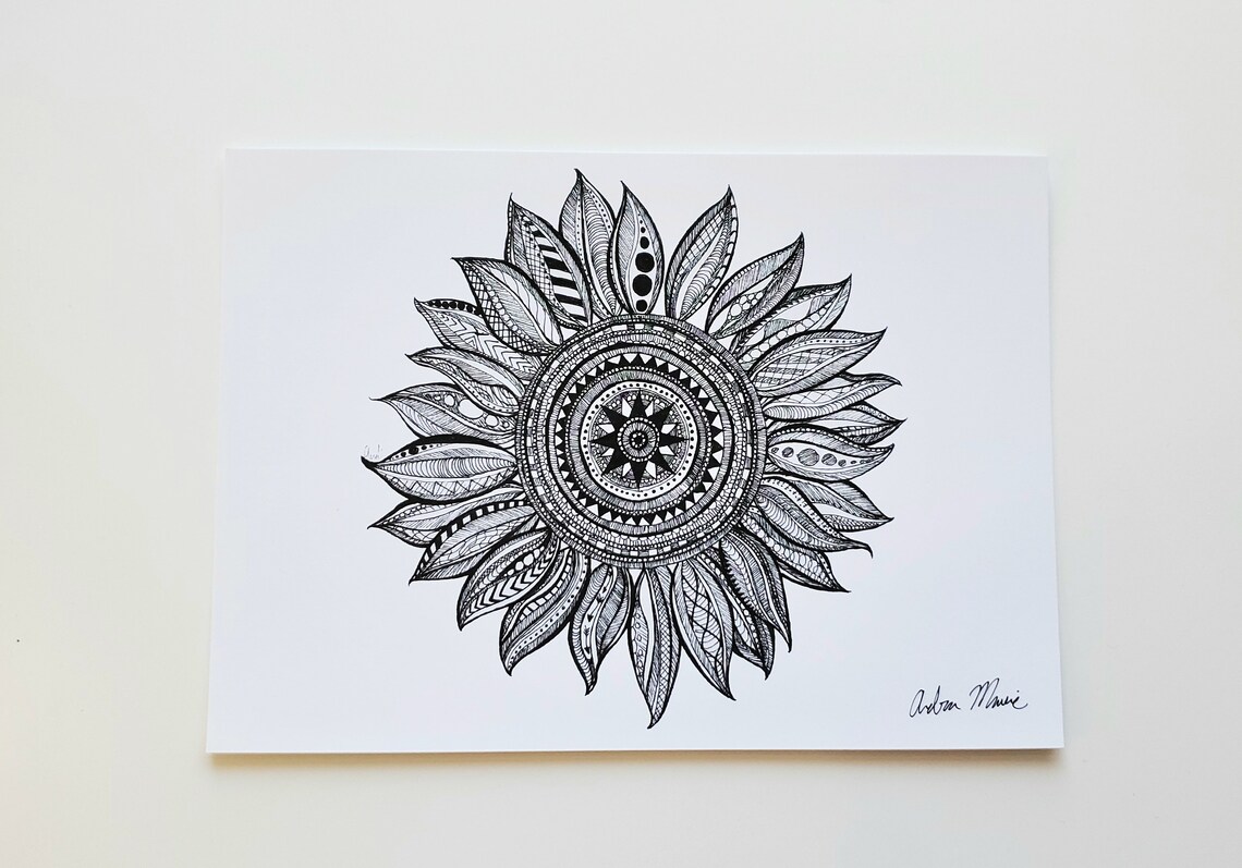 5x7 Zentangle Sunflower Art Print - Etsy