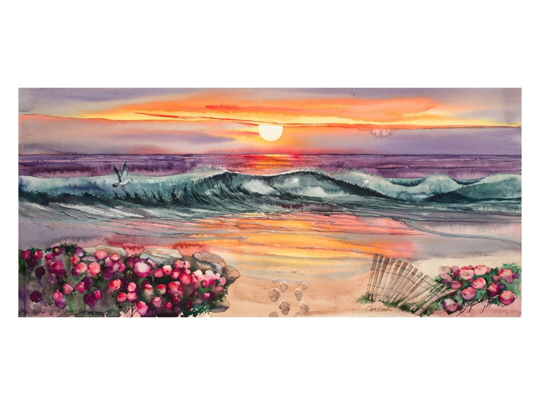 Beach Roses & Footprints Watercolor Print Ocean Sunset - Etsy