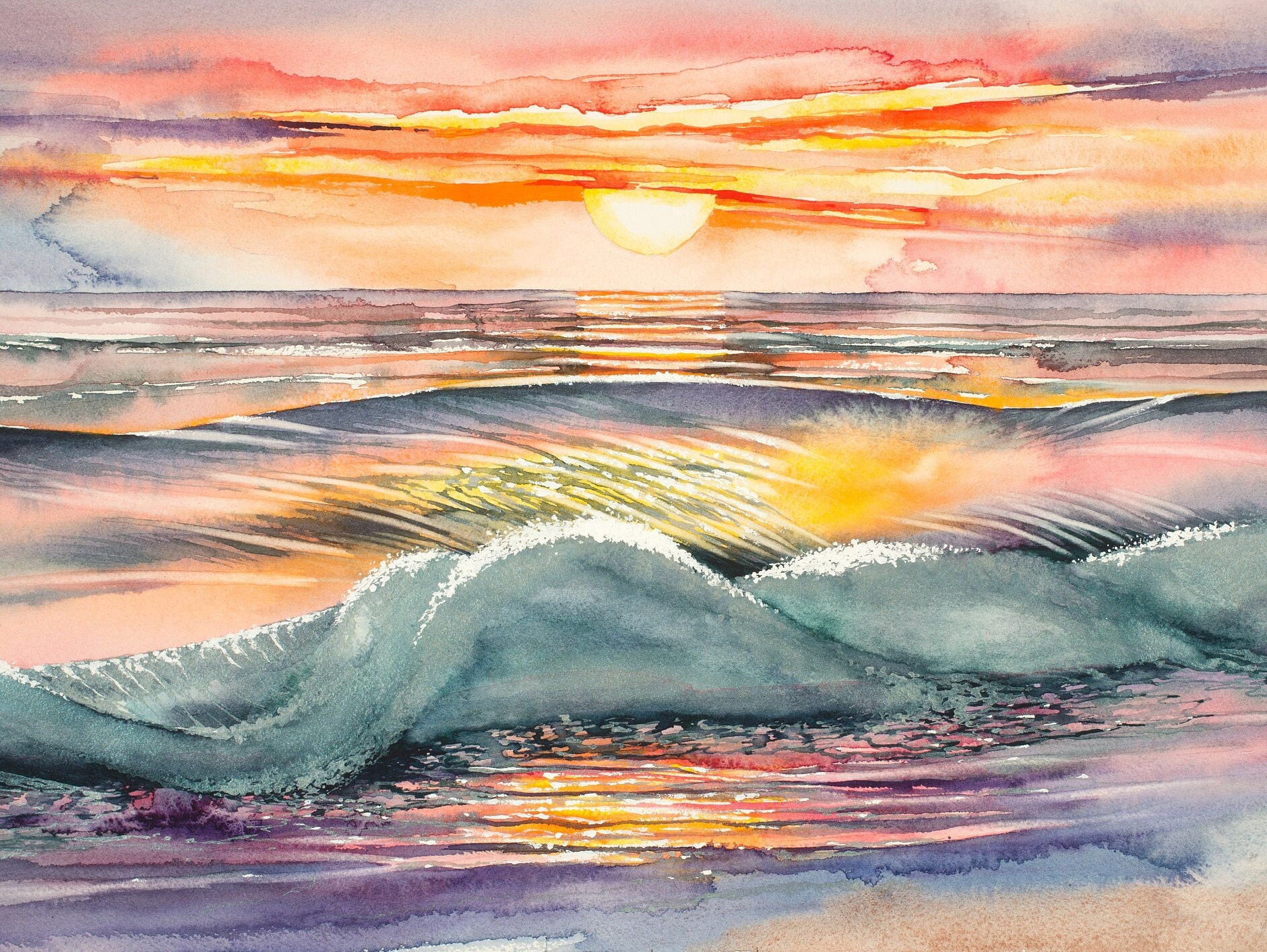 Dynamic Ocean Waves at Sunset, an ORIGINAL Watercolor Painting ...