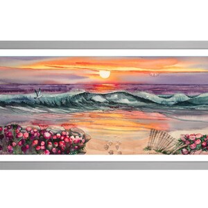 Beach Roses & Footprints Watercolor Print, Ocean Sunset, Seascape Wall ...