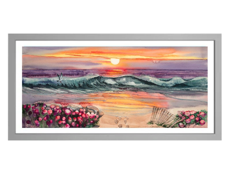 Beach Roses & Footprints Watercolor Print, Ocean Sunset, Seascape Wall ...