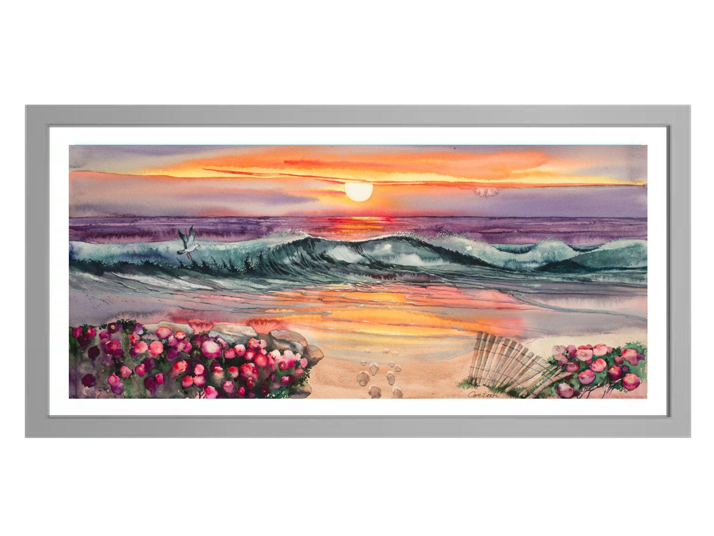 Beach Roses & Footprints Watercolor Print Ocean Sunset - Etsy