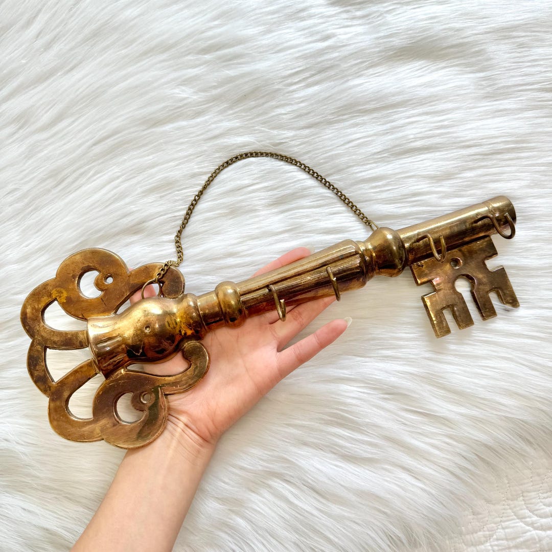 Vintage Large Brass Key Shaped Key Holder, 13.75 Long Wall Hooks for ...