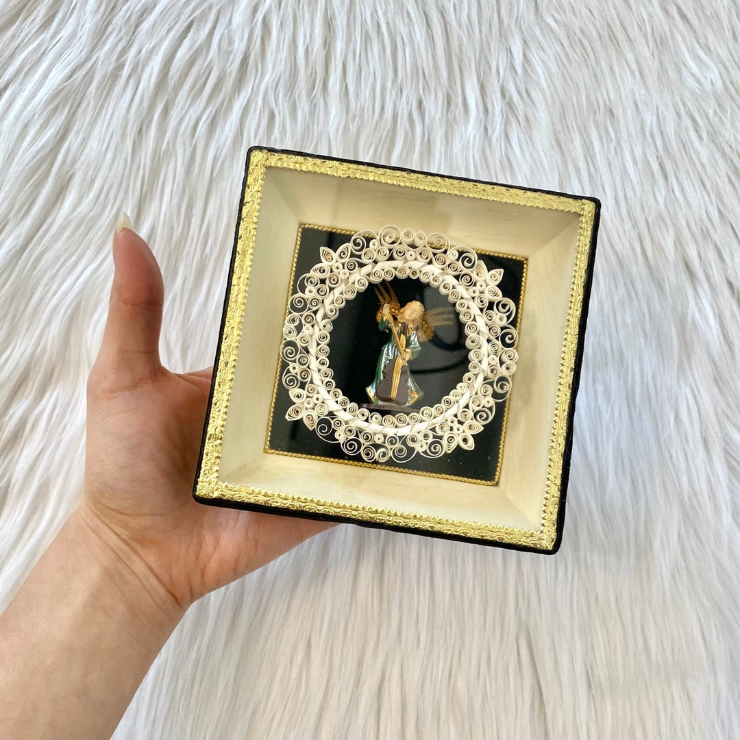 Vintage 1960s Quilled Angel Framed Art, Paper Cello Player Curled Paper ...