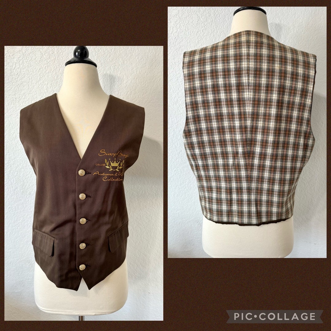 Vintage 80s/90s Scoop Boys Healthy and Casual Brown & Plaid Vest ...