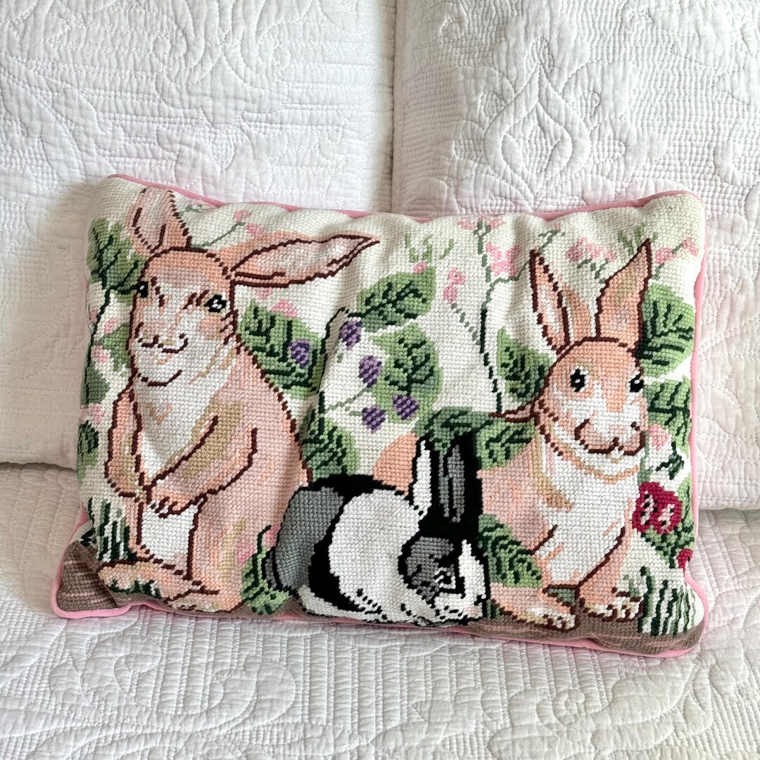 Vintage Needlepoint Bunny Pillow, Easter Rabbits Pink Velveteen Pillow ...