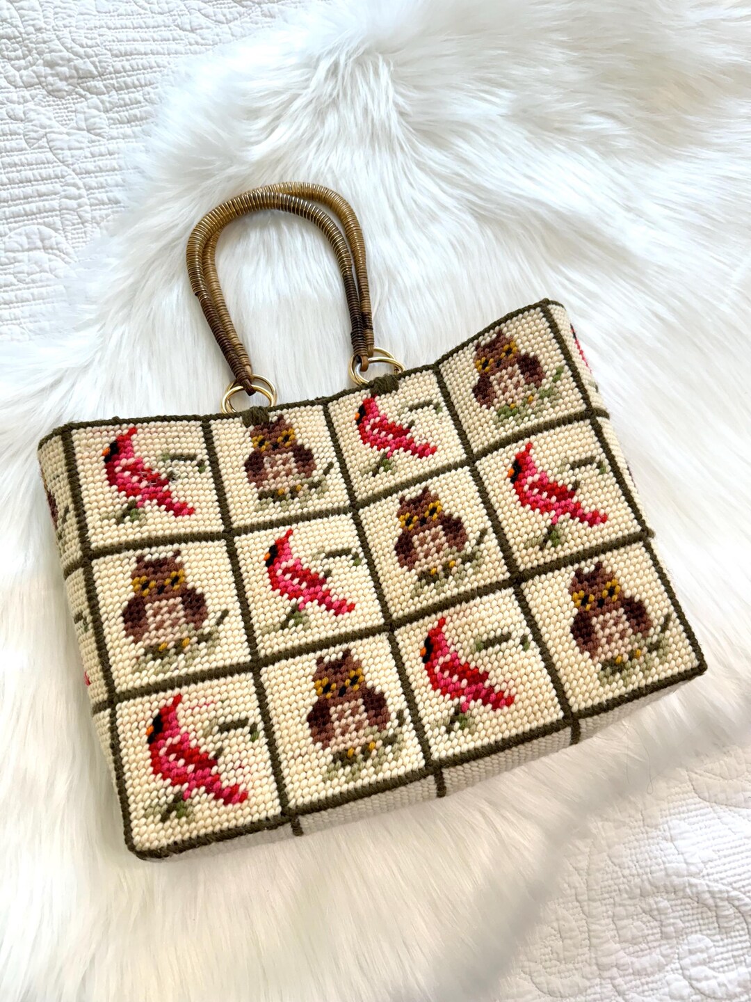 Vintage Owl & Red Cardinal Needlepoint Bag, Fabric Lined Top Handle Bag ...
