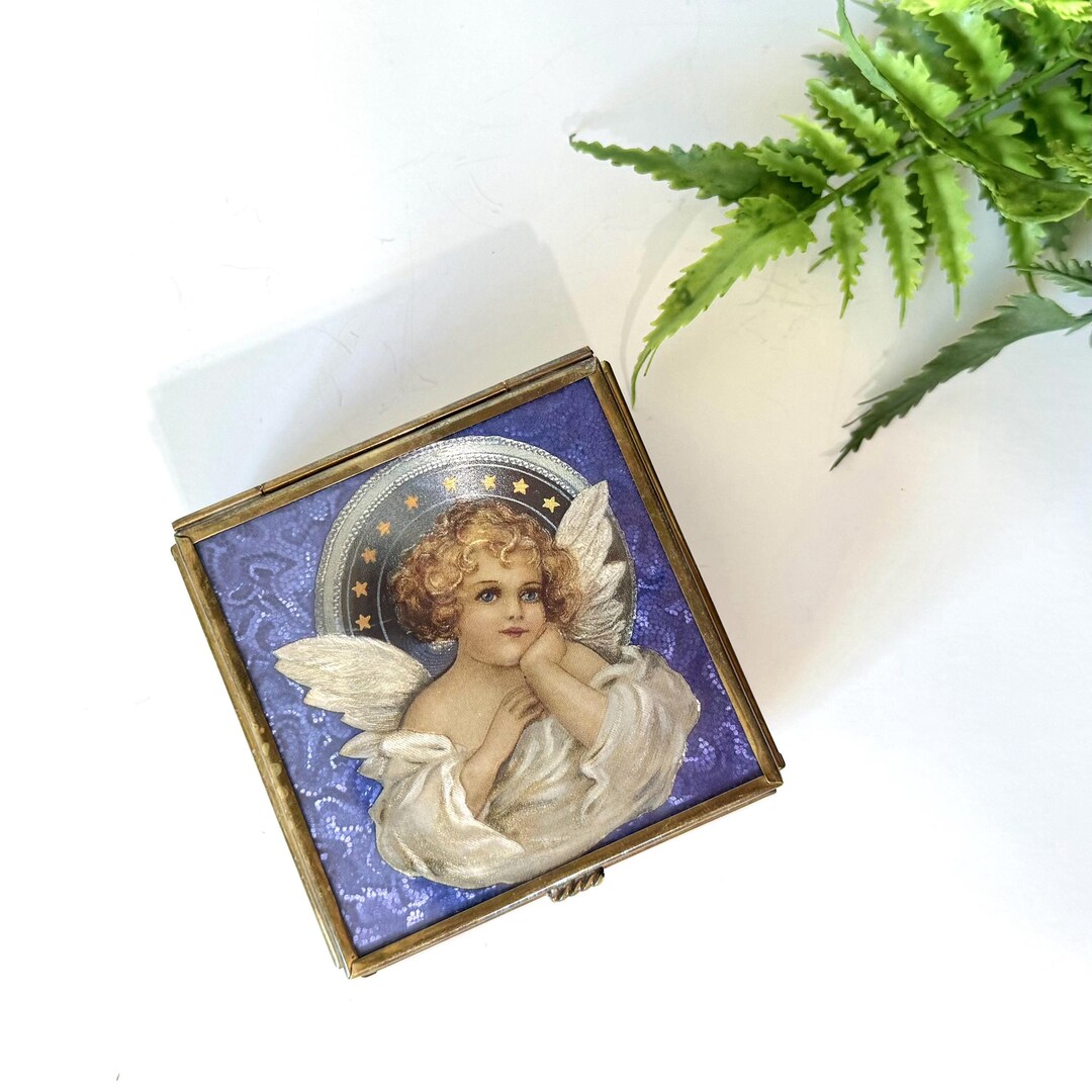 Vintage 90s Blue Glass Angel Keepsake Box, Small Square Glass Jewelry ...
