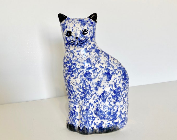 Vintage Blue and White Ceramic Cat Statue, Animal Figurines, Cat Lover ...