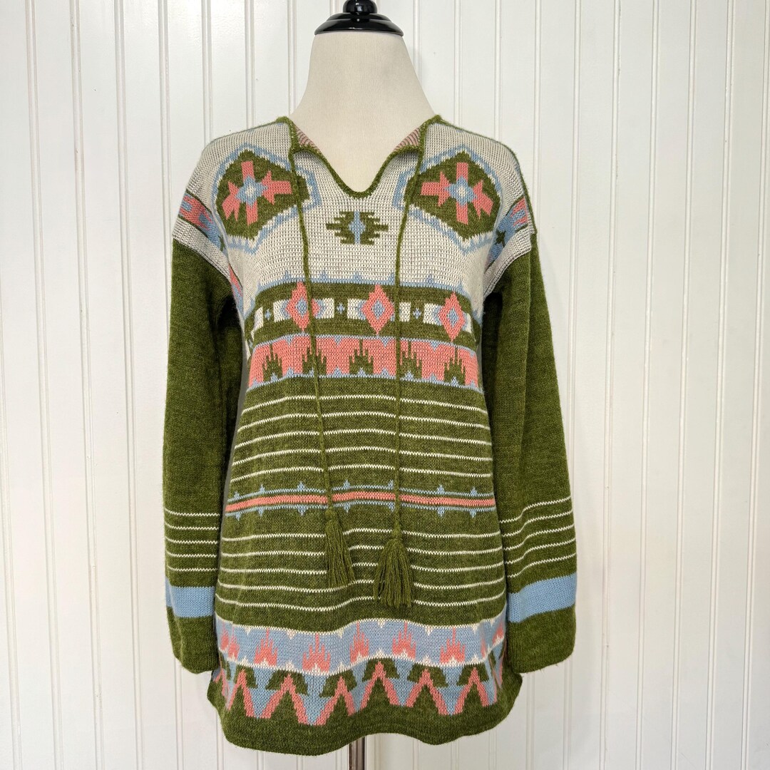 Vintage 60s/70s Southwest Boho Knit Sweater, Green/pink/blue Bell ...