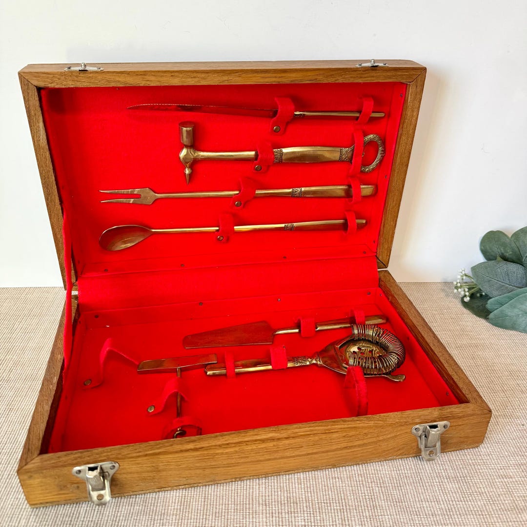 Vintage 1960s Thailand Brass Bar Tool Set, 7-piece Barware Set in Solid ...