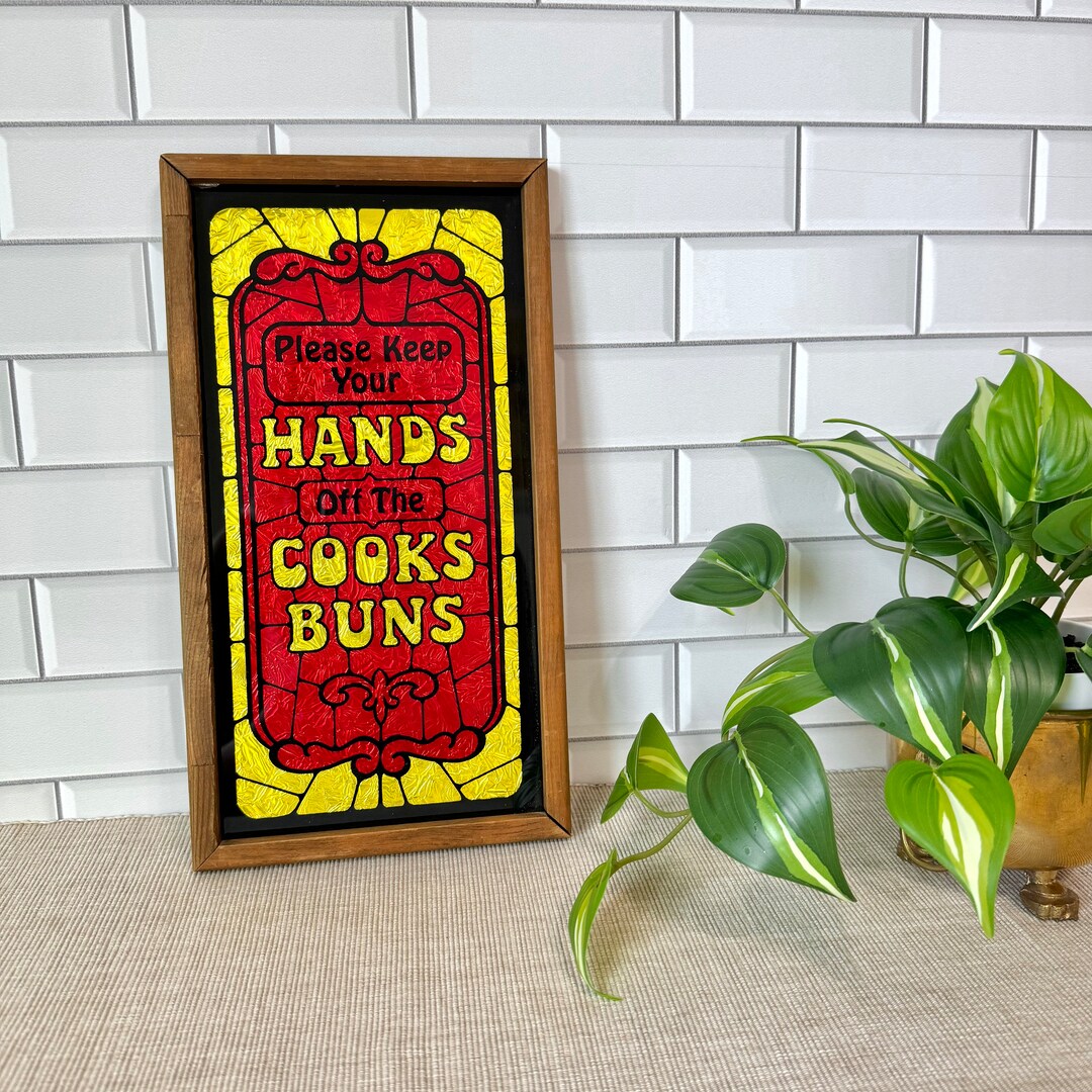 Vintage Stained Glass Window Style Framed Sign, "please Keep Your Hands ...