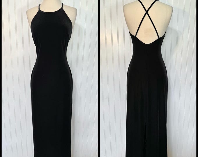 Vintage 90s Black Velvet Halter Maxi Dress, Hot Kiss Clothing Brand ...