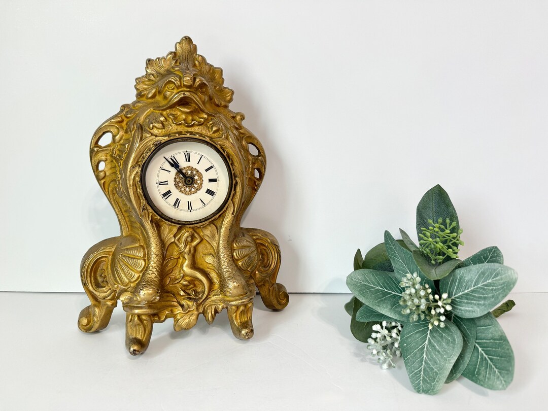 Antique 1900s Rococo Gold Cast Iron Mantel Clock, Mermaid Koi Fish ...