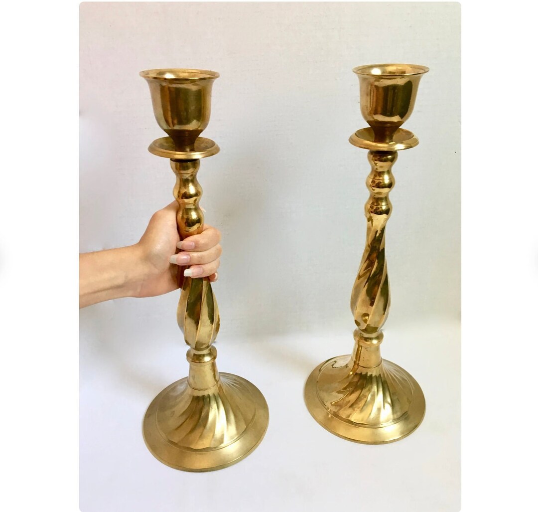 Vintage Pair of Tall 15.5" Large Gold Swirl Candlestick Holders, Brass ...