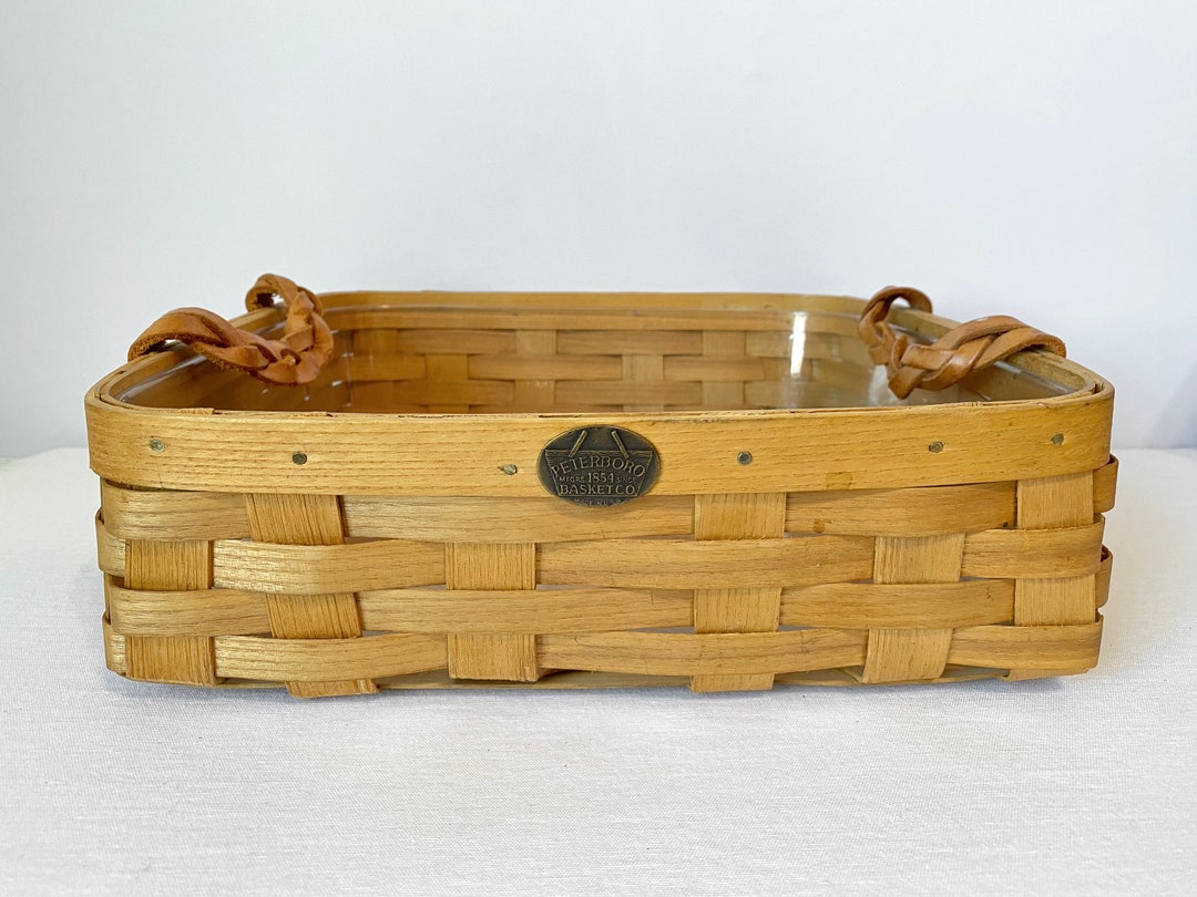 Vintage Peterboro Basket Co. Square Shallow Basket With Tan Leather ...