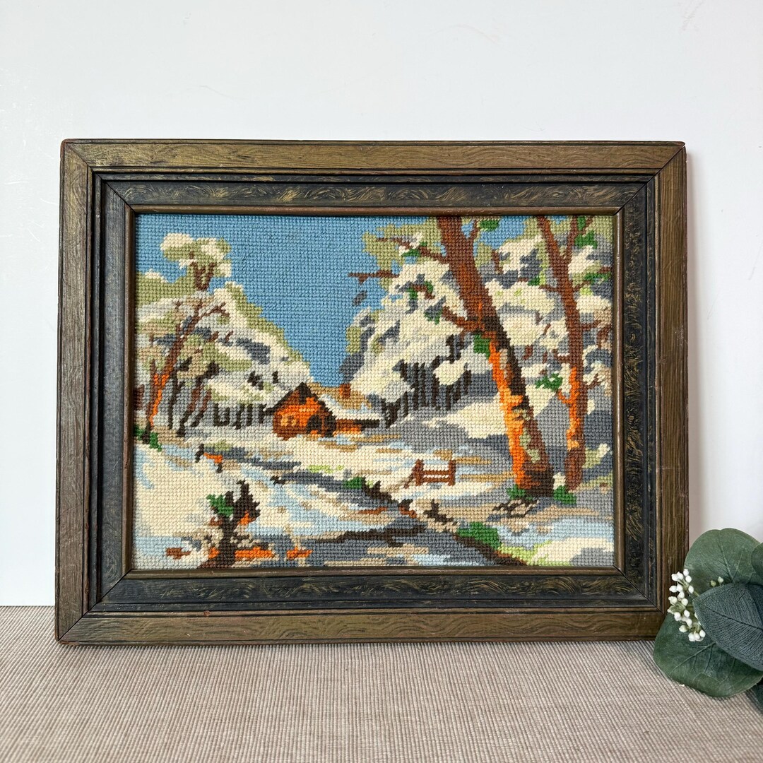 Vintage Snowy Cabin Needlepoint, Framed Embroidered Artwork Winter ...