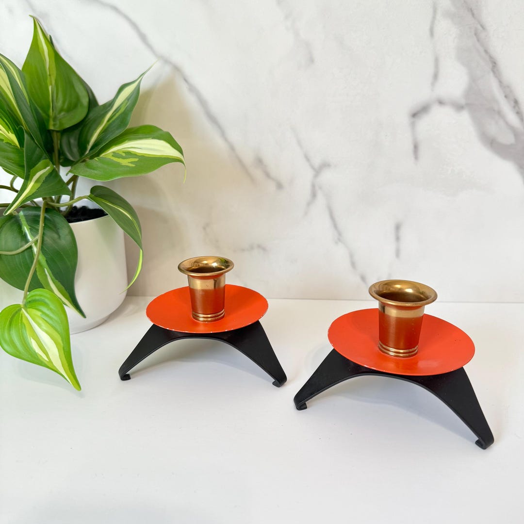 Vintage 60s Atomic Short Candlestick Holders Pair, Black & Orange Taper ...