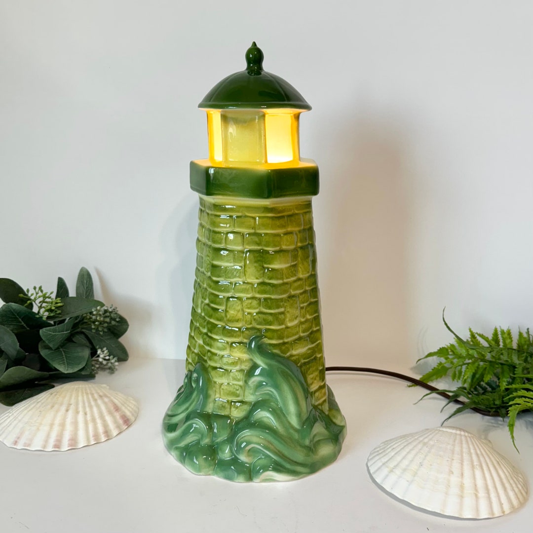 Vintage 1970s Glazed Ceramic Lighthouse Lamp, Green Lighthouse 13.5 Tall, Underwriters ...