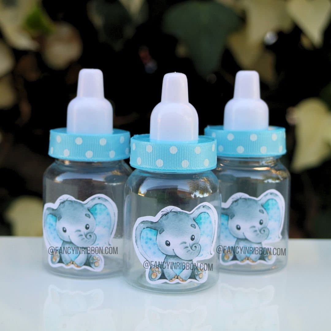 12 Mini Baby Elephant Baby Blue Themed Baby Shower Party Favors Bottles ...