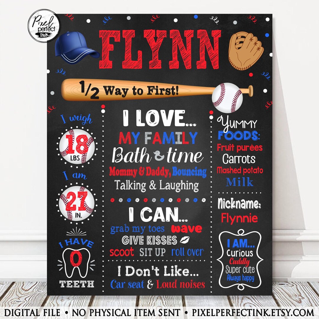 Halfway to First 1/2 Birthday Baseball Chalkboard Sign, Boy Milestone ...