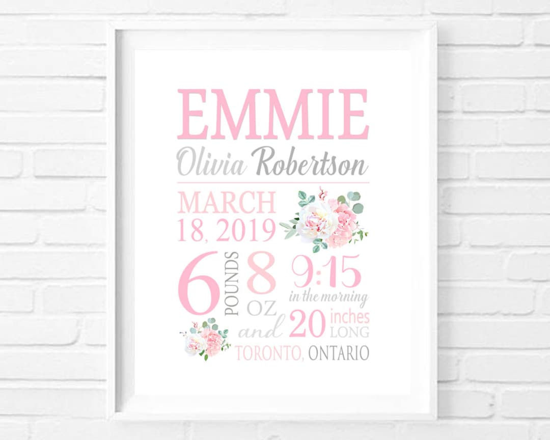 Printable Birth Stats Wall Art, Boho Floral Baby Girl Personalized ...