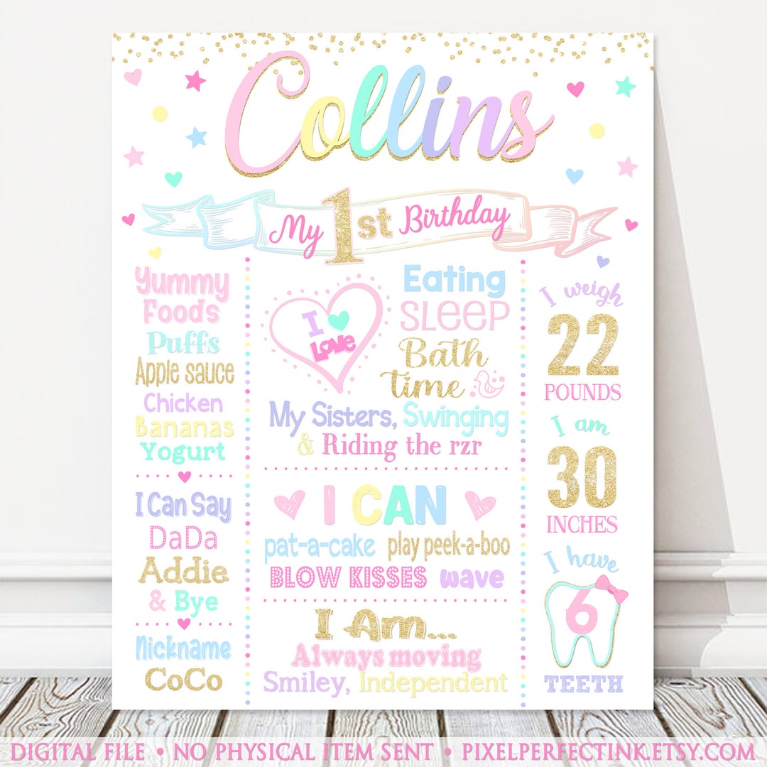 Pastel Rainbow First Birthday Board, Girl Milestone 1st Birthday ...