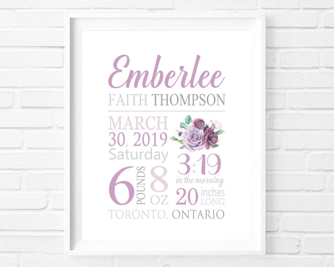Printable Birth Stats Wall Art, Boho Floral Baby Girl Personalized ...