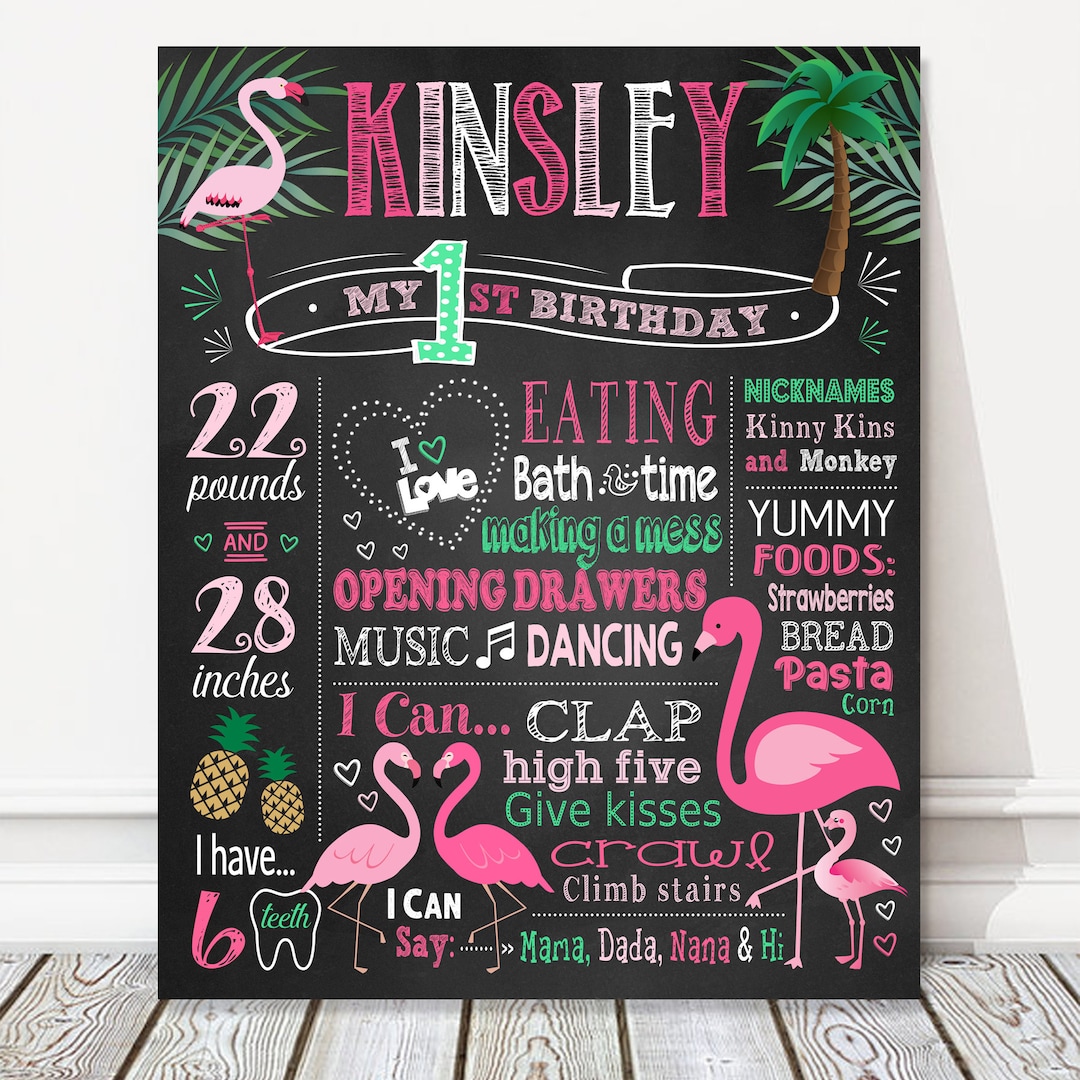 Flamingo First Birthday Board, Tropical Milestone Birthday Chalkboard ...