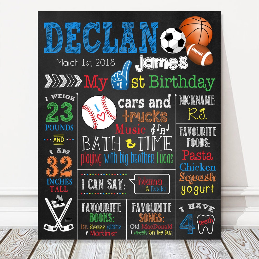 Sports First Birthday Board, Boy Milestone Birthday Chalkboard Sign ...