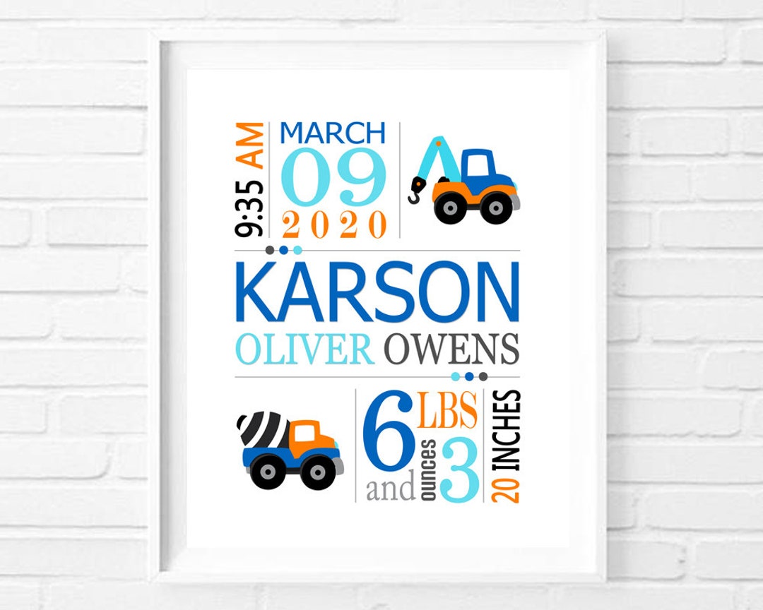 Printable Construction Birth Stats Wall Art, Birth Announcement, Baby ...