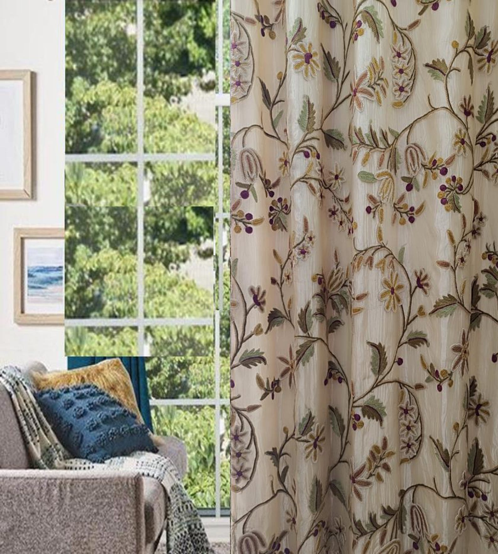 Flat 25% Sale-luxury Silk Organza Crewel Embroidery Curtain With Lining ...