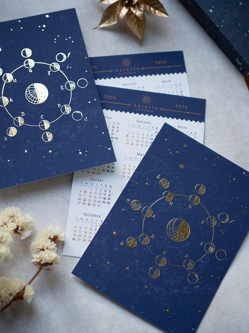 2026 Lunar Calendar in Gold Foil, A6 Format - Moon Phases and ...