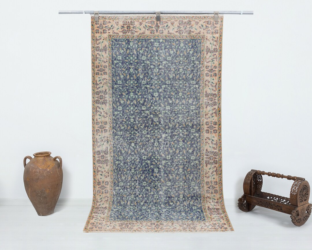 4x6 Vintage Rug, Blue Turkish Rug, Antique Handmade Rug, Oushak Rug ...