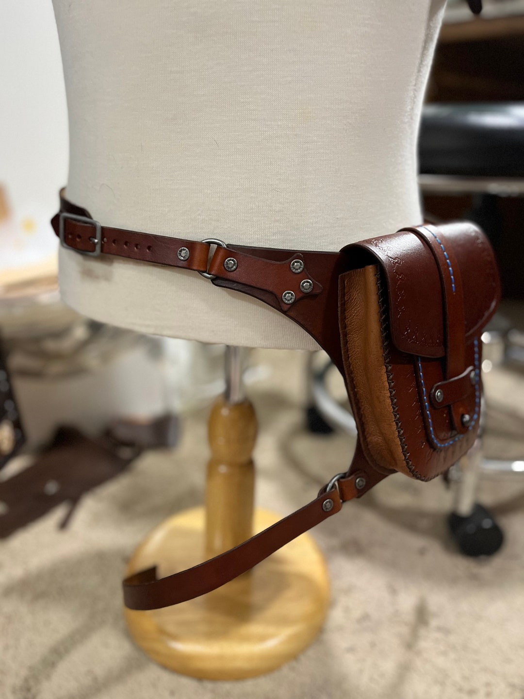 Leather Hip Pouch - Brown With Blue Stitching - Etsy