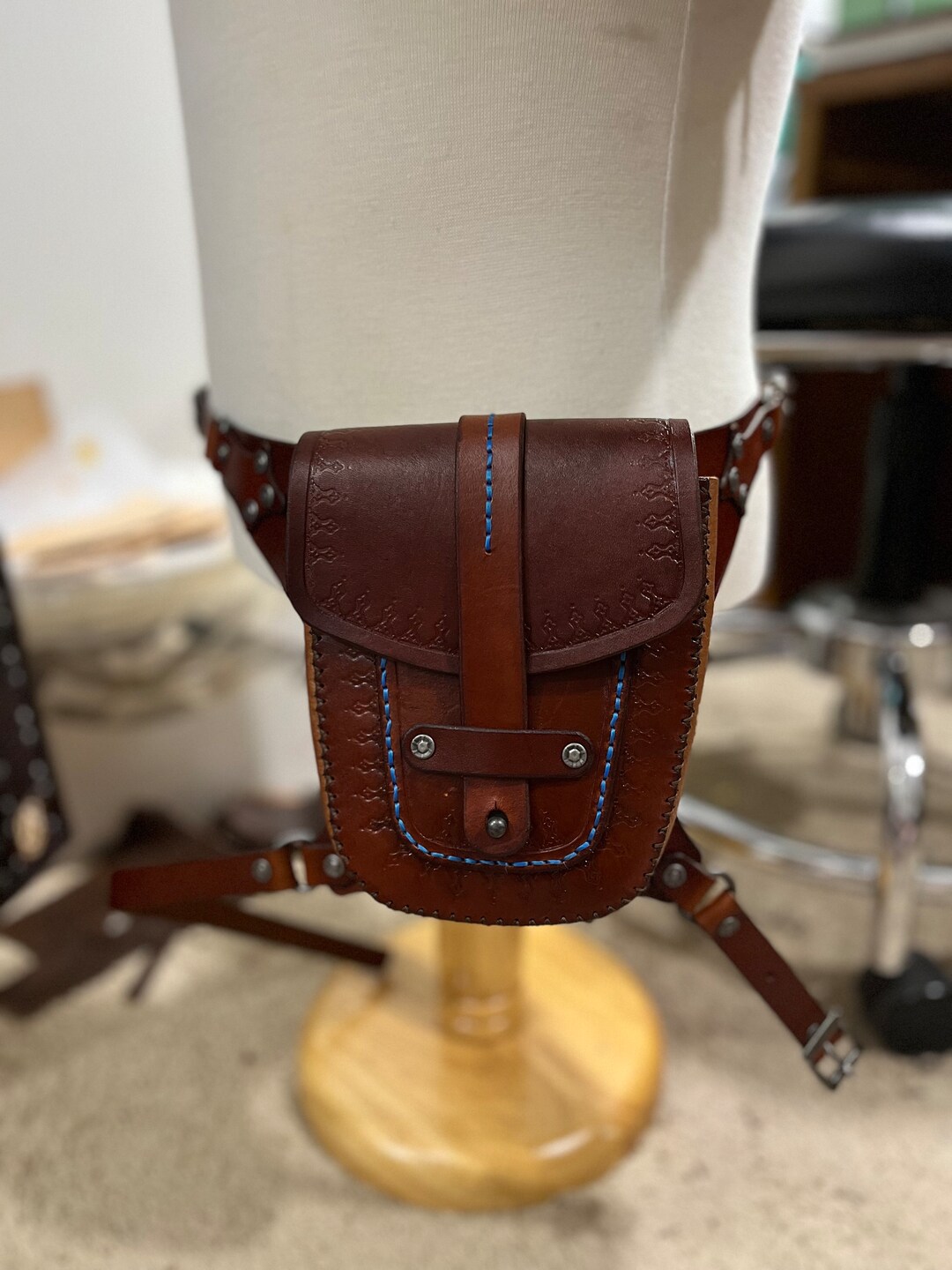 Leather Hip Pouch - Brown With Blue Stitching - Etsy