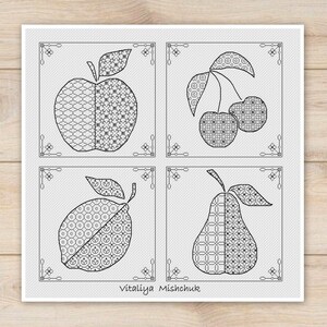 Blackwork Cross Stitch Pattern Fruits Apple Cherry Lemon for Kitchen X ...