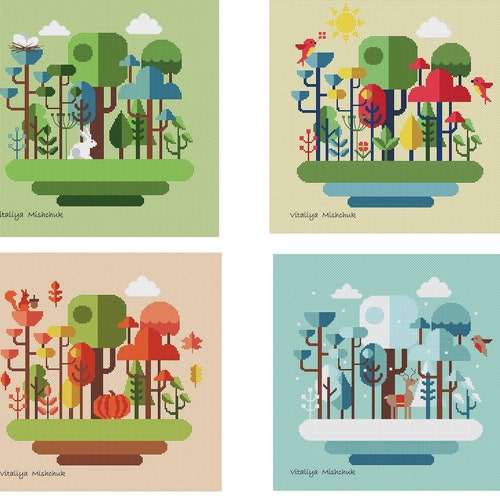 Tree Cross Stitch Pattern PDF Four Seasons Seasonal Modern - Etsy