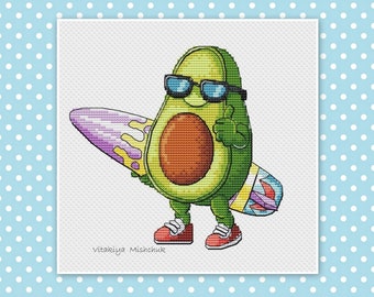 Avocado Cross Stitch Pattern Summer Sea Surfing Vegetables Funny ...