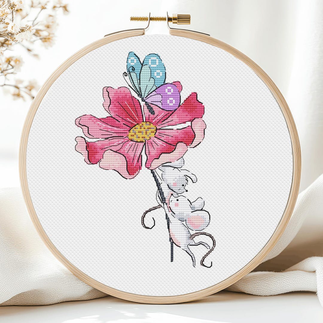 Mouse Cross Stitch Pattern PDF Mice on Flower Funny Animals Butterfly ...