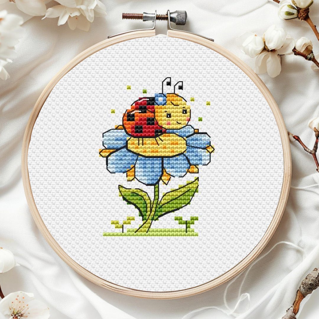 Ladybug Cross Stitch Pattern for Kids Room Small Mini Tiny Child Flower ...