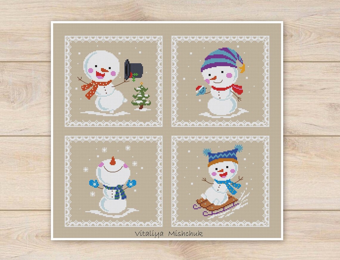 Christmas Snowmen Cross Stitch Pattern Ornament Set Beginner - Etsy