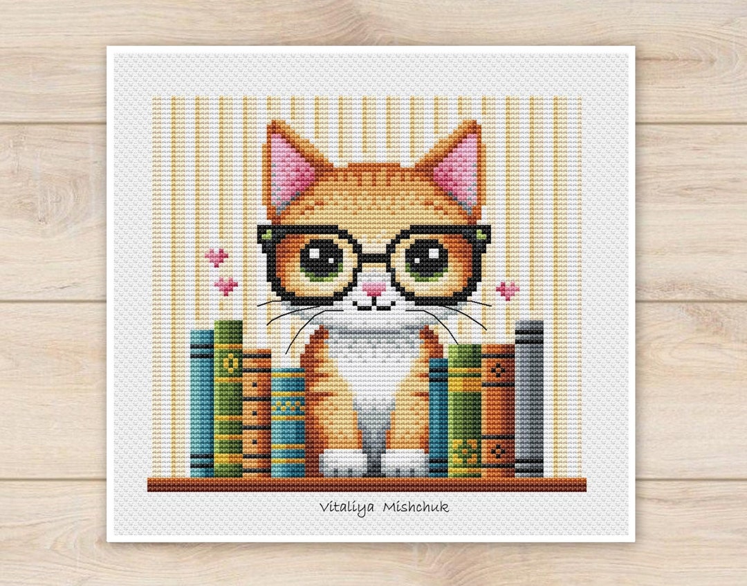 Cat Book Cross Stitch Patterns Cat on the Shelf Glasses Simple Easy Red ...