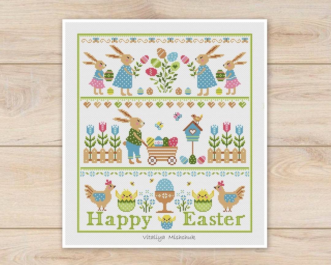 Easter Sampler Cross Stitch Patterns Easter Bunny Primitive for Kids ...