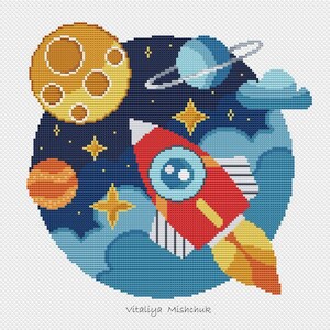 Space Cross Stitch Pattern Planets Galaxy Rocket Baby Boy Kids Child ...