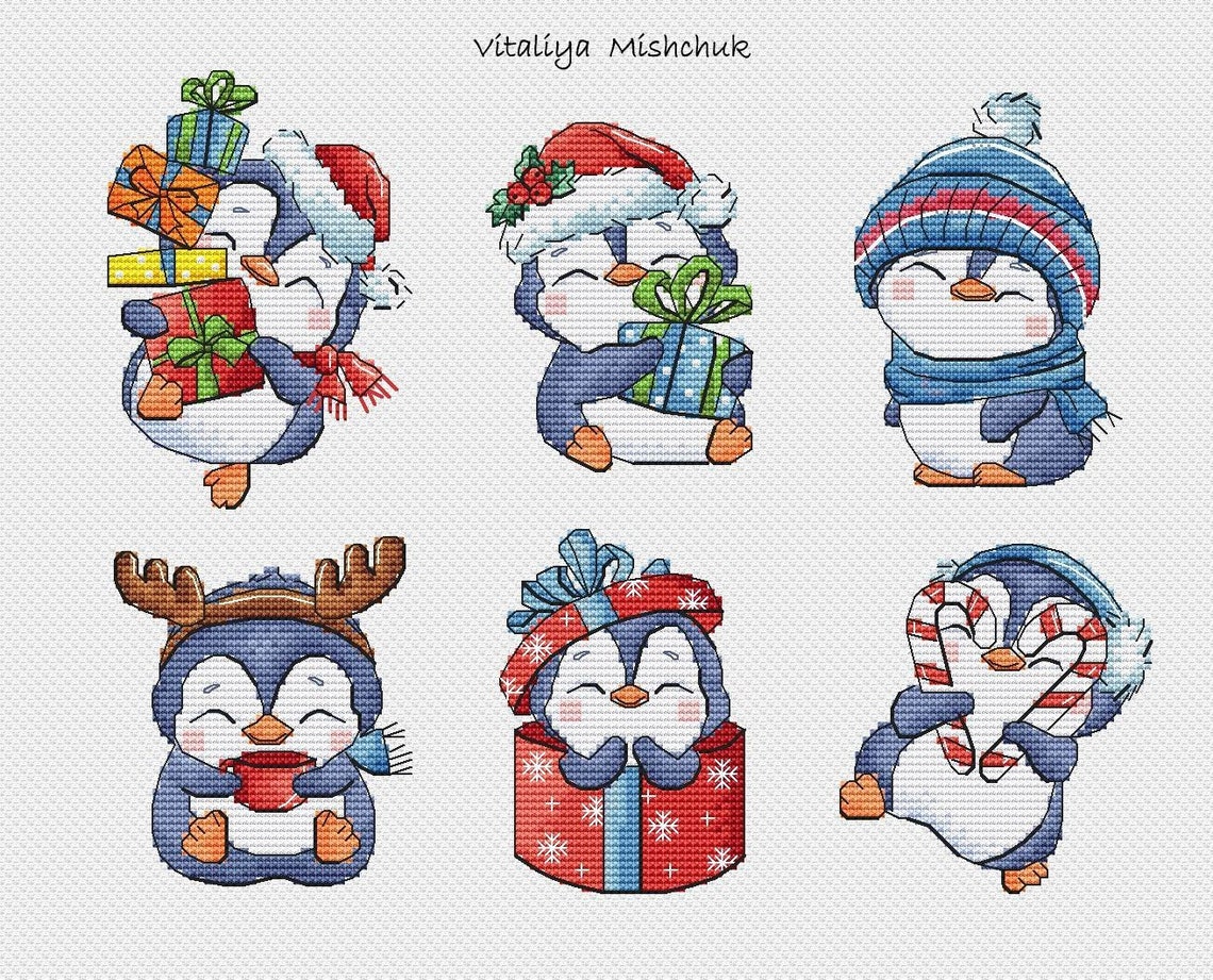 Christmas Penguin Cross Stitch Pattern Cards Penguins Animal - Etsy